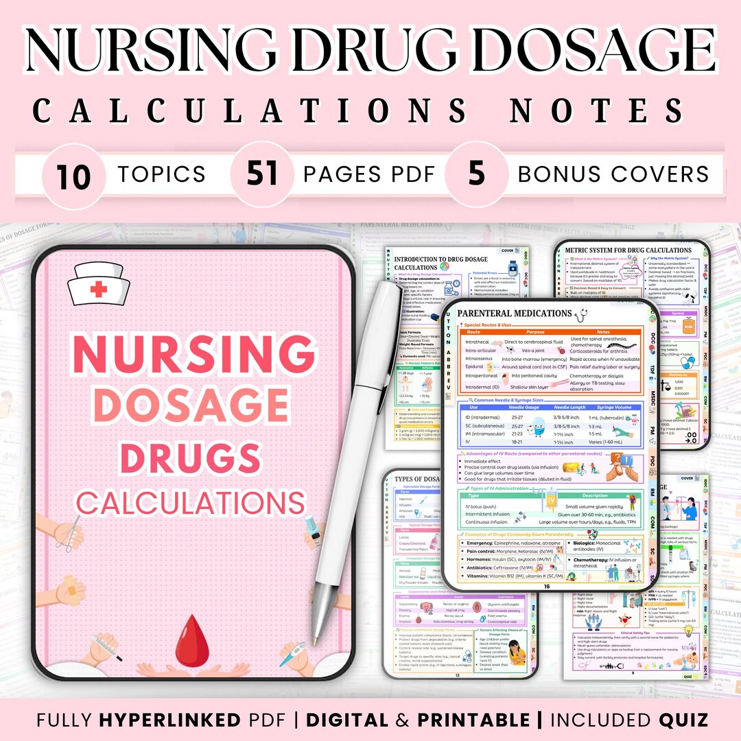 Nursing Drug Dosage Calculations Notes Hyperlinked, Bonus Covers ...