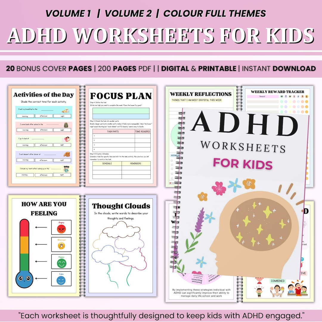 ADHD Worksheets for Kids, 20 Bonus Cover Pages, ADHD Kids Guide, 200 ...