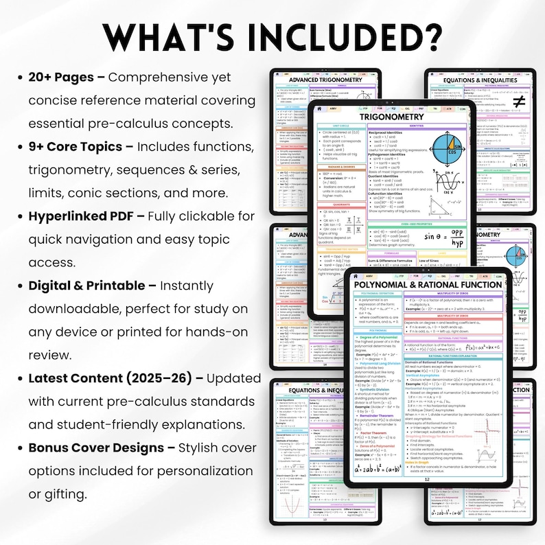 Precalculus Study Guide, Quick Study Math Reference Sheet, 15+ Pages ...