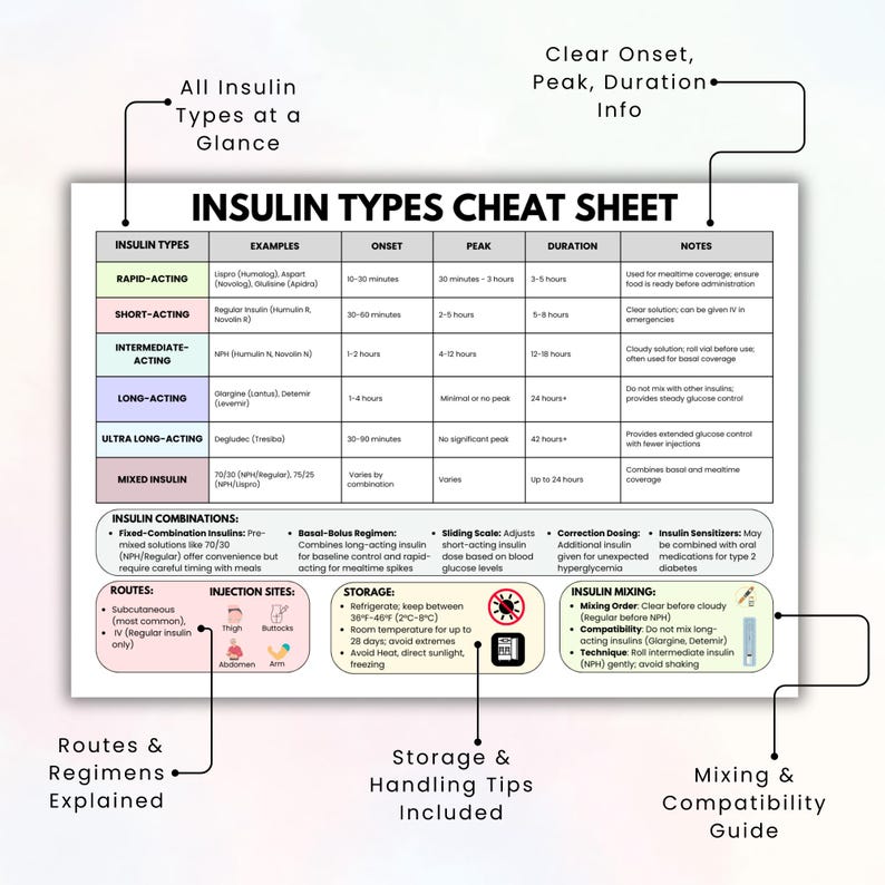Insulin Types Cheat Sheet, Bonus Template, Updated 25-26, Diabetes ...