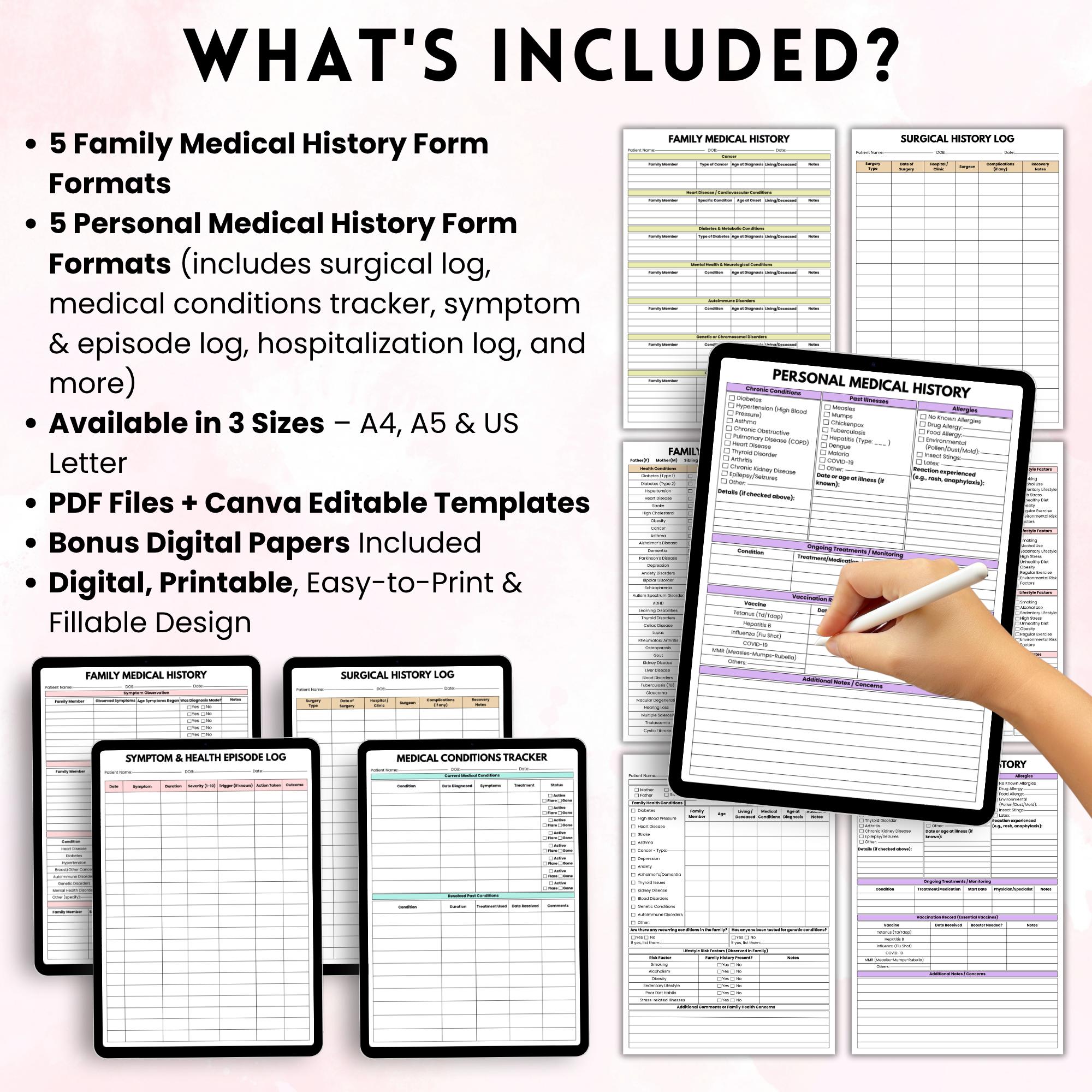 Medical History Form Bundle: Health Information Sheet + Digital Papers ...