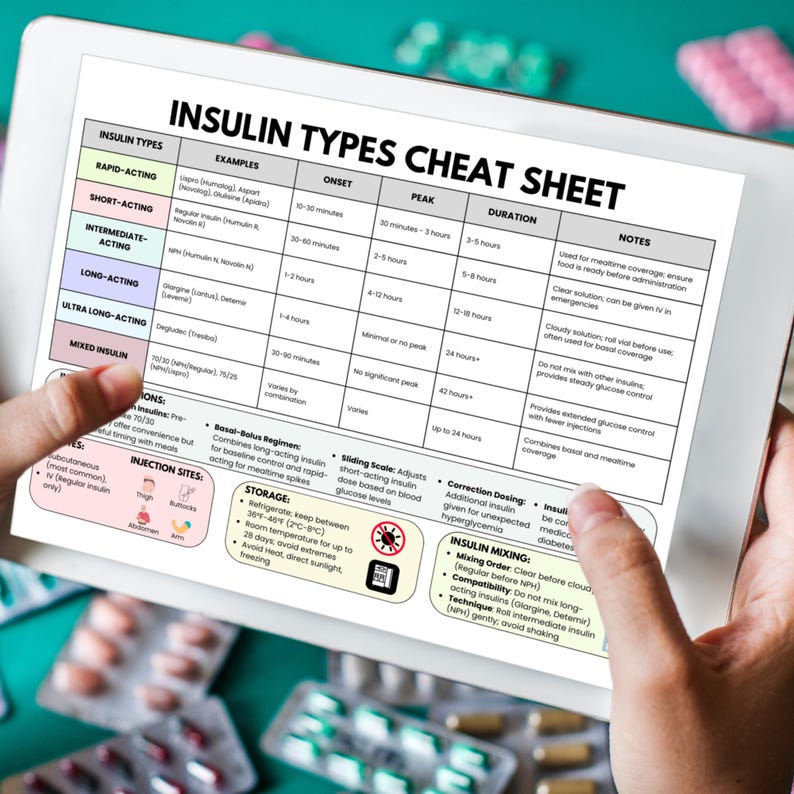 Insulin Types Cheat Sheet, Bonus Template, Updated 25-26, Diabetes ...