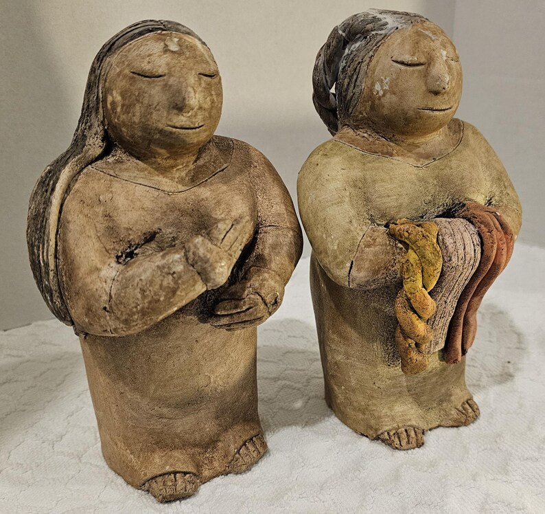 Two Hand Sculpted Indigenous Curvy Women Clay Figures With Textiles ...