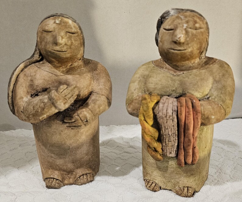 Two Hand Sculpted Indigenous Curvy Women Clay Figures With Textiles ...