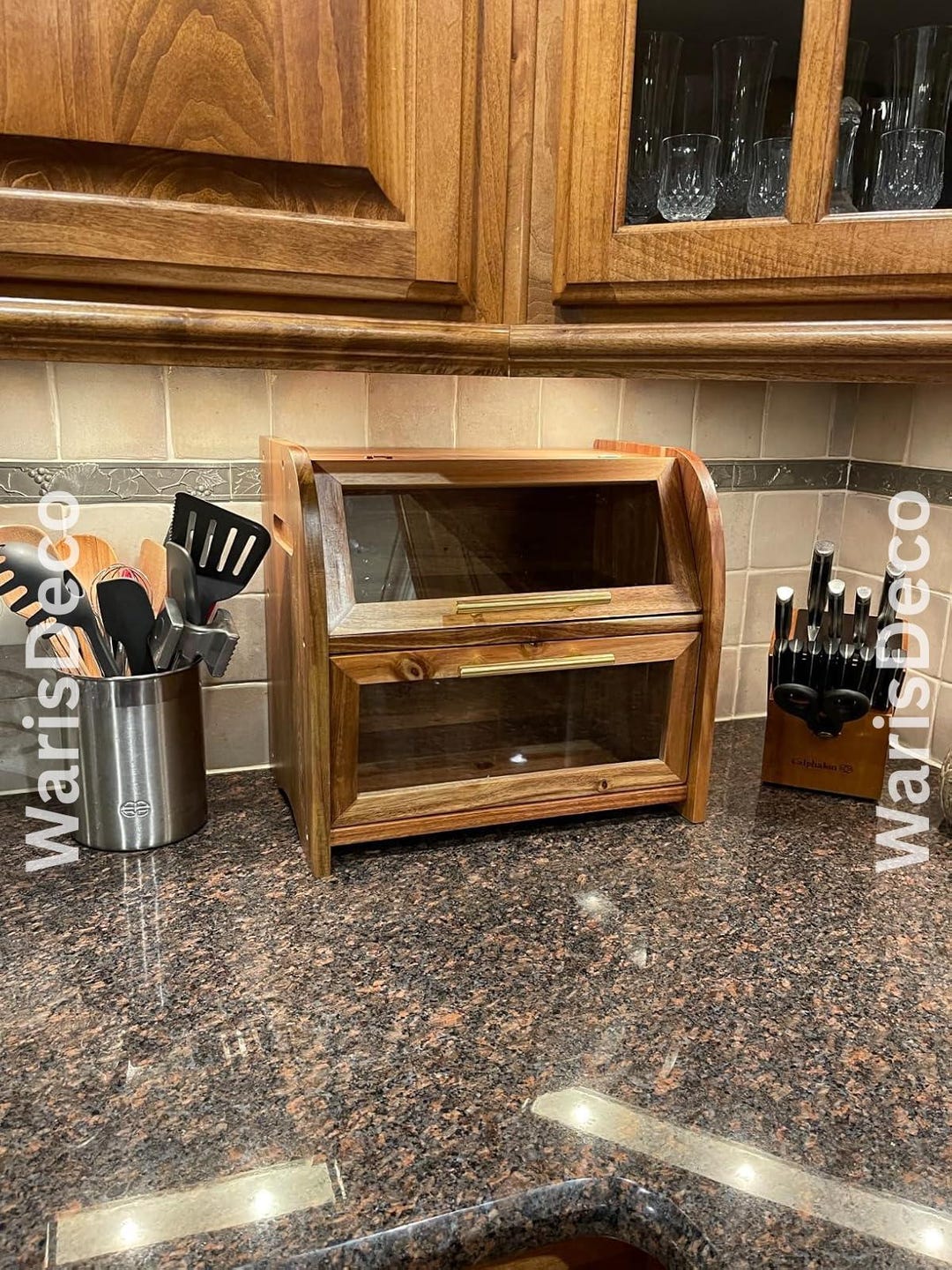 2 Tier Acacia Wooden Bread Box | Bread Storage | Kitchen Bread Box ...