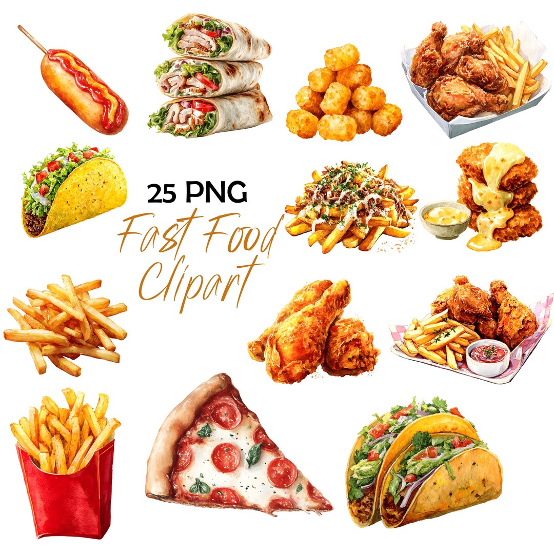 25 Watercolor Fast Food Clipart - Digital Download, Transparent PNG - Etsy