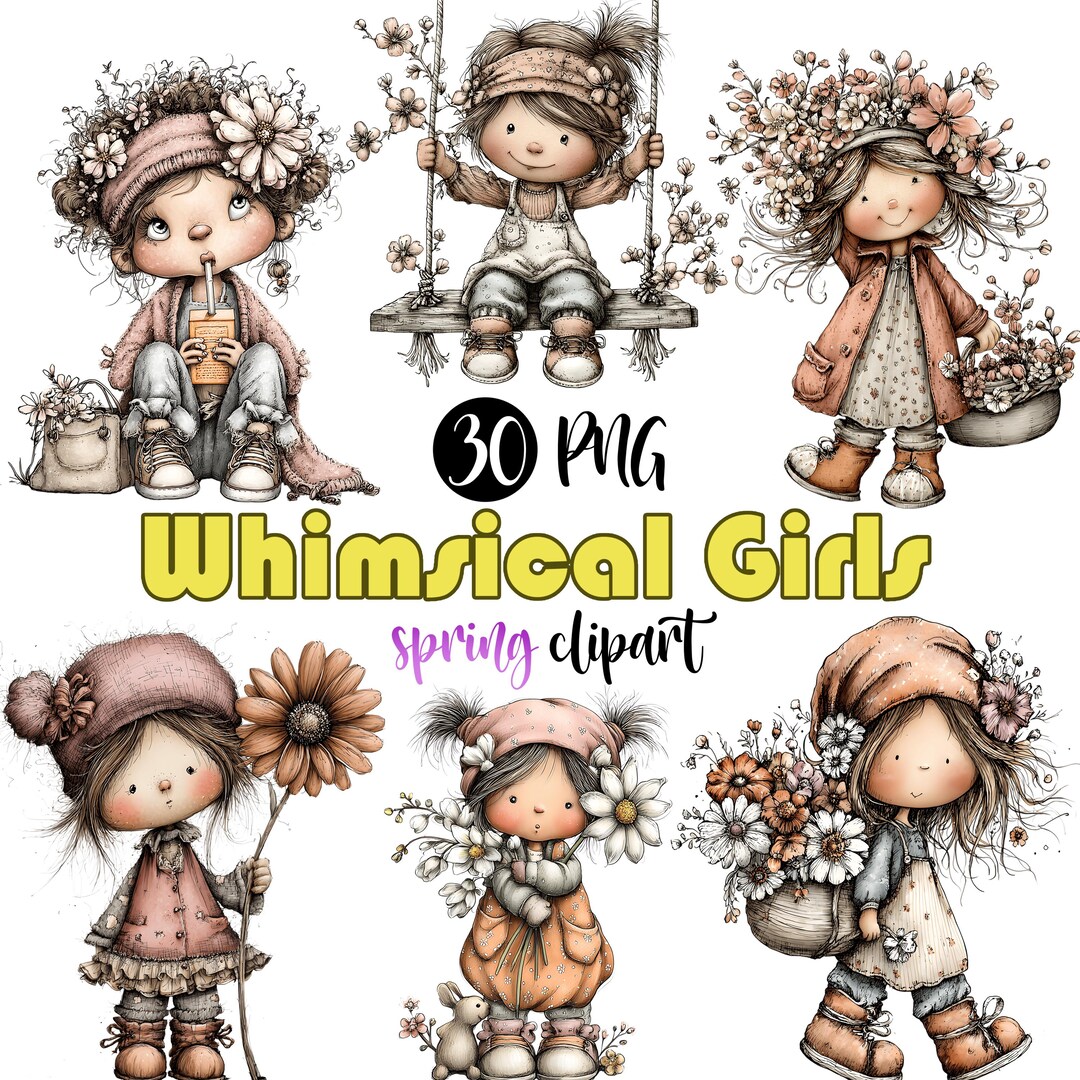 Whimsical Spring Girls Clipart Bundle: Spring Nursery Graphics (digital ...