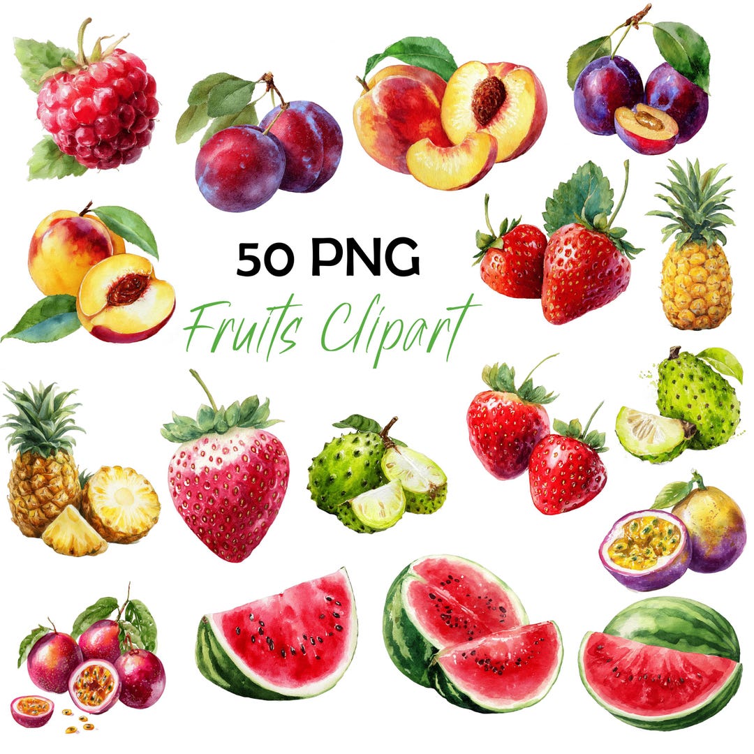 50 Watercolor Fruits Clipart - Digital Download, Transparent PNG - Etsy
