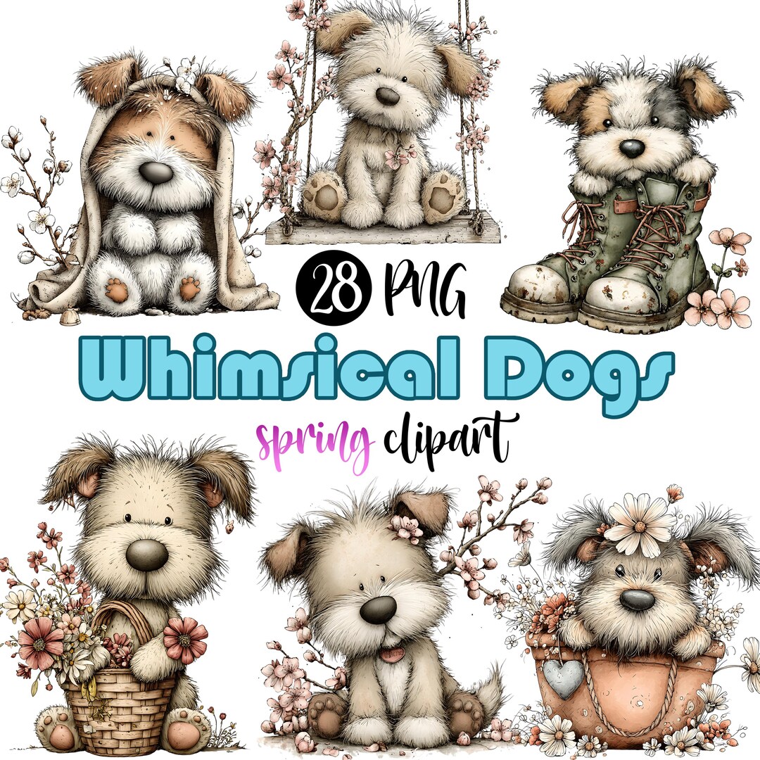 Whimsical Spring Dogs Clipart Bundle: Animal Nursery Graphics (digital ...