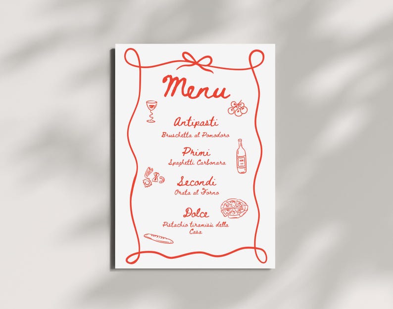 Elegant Red Italian Menu Template | Hand-drawn Design | Pizza, Pasta ...