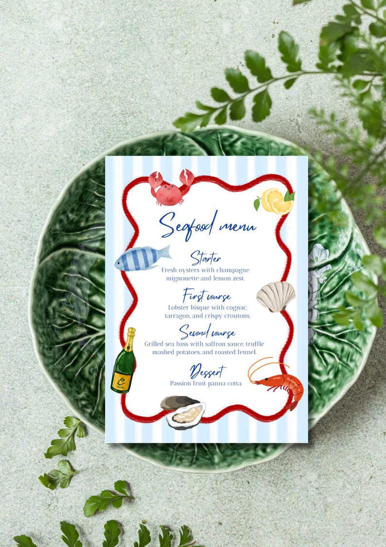 Watercolor Hand-drawn Seafood Menu | Blue & Red Coastal Theme | Oysters ...