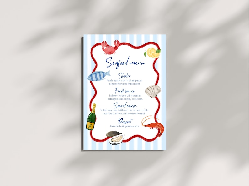 Watercolor Hand-drawn Seafood Menu | Blue & Red Coastal Theme | Oysters ...