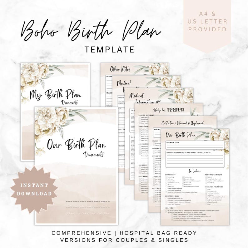 Boho Birth Plan Template PDF | Printable Birthing Plan Checklist for ...
