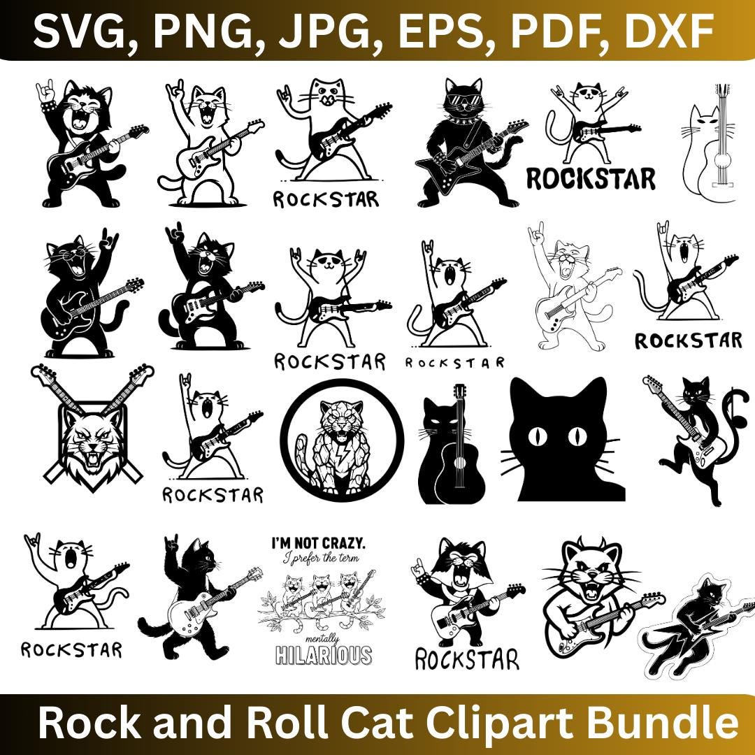 Rock and Roll Cat Guitar Clipart Bundle (svg, Png, Eps, Pdf, Dxf ) - Etsy