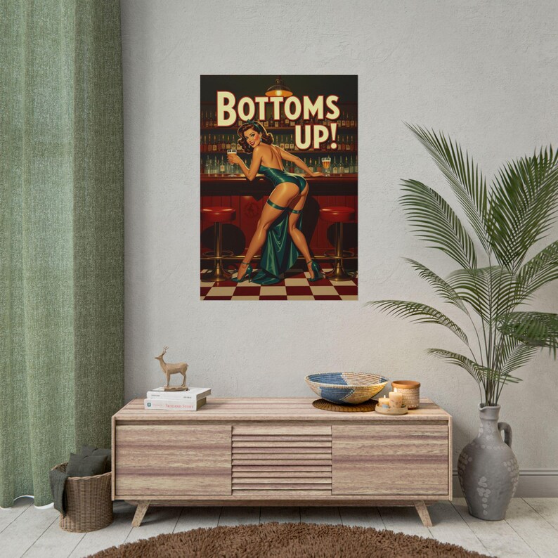 Vintage Pinup Cocktail Wall Art, Retro Bar Decor, Bottoms up Pinup ...