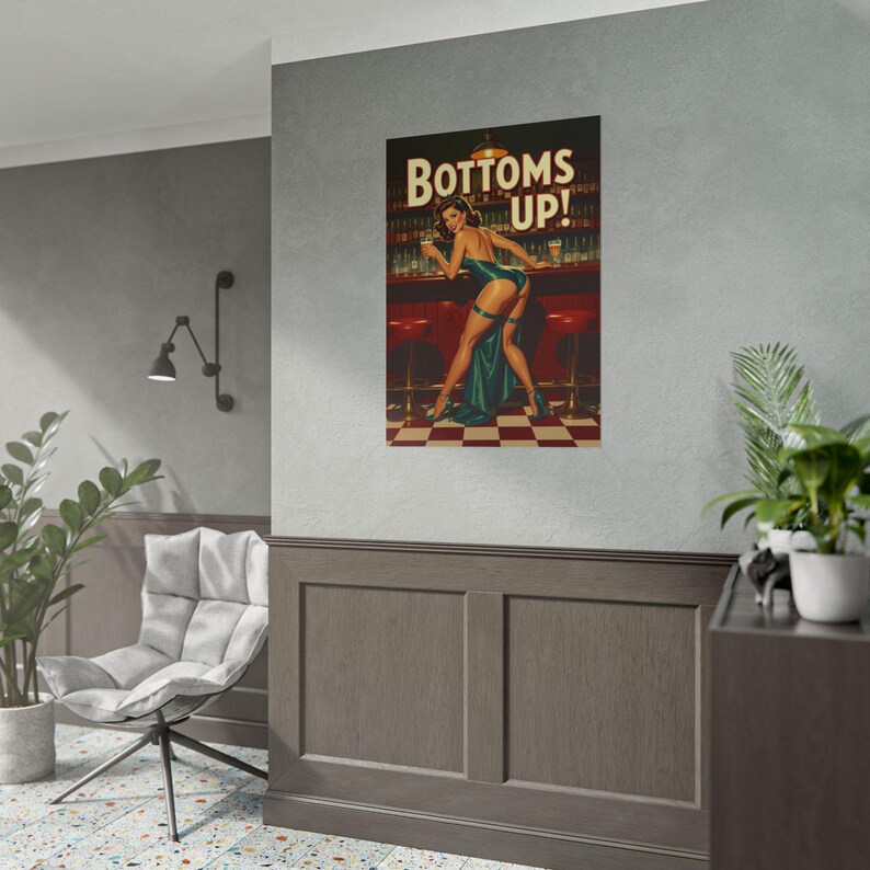 Vintage Pinup Cocktail Wall Art, Retro Bar Decor, Bottoms up Pinup ...