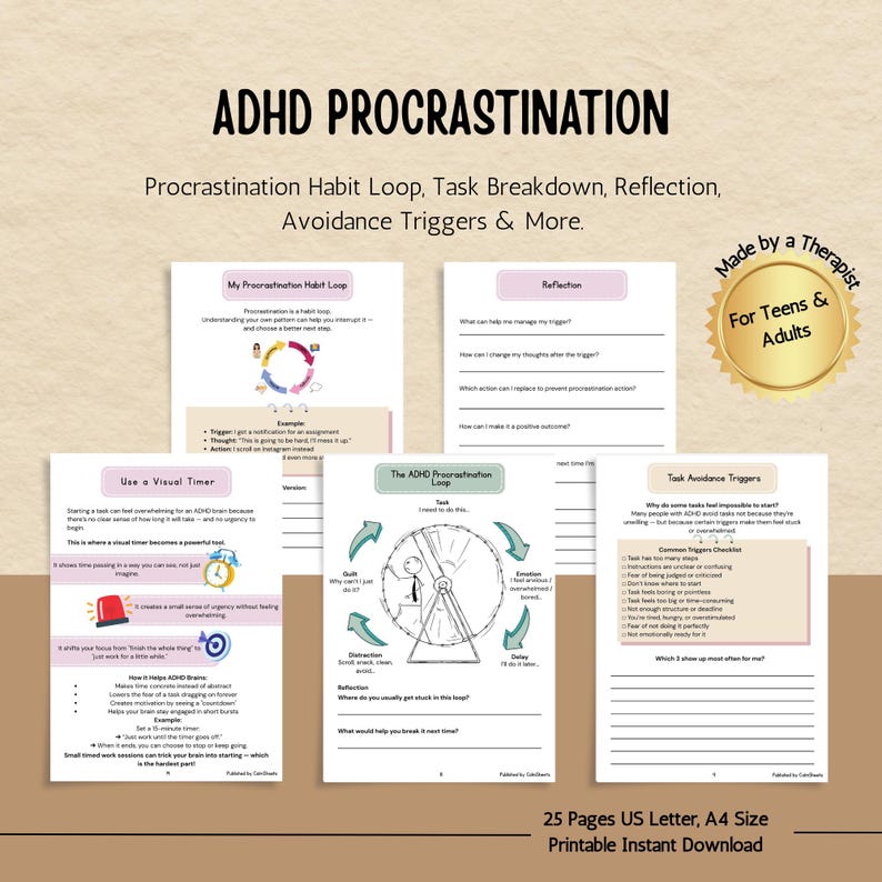 ADHD Procrastination Worksheet: Teens & Adults, CBT Therapy Tools (PDF ...