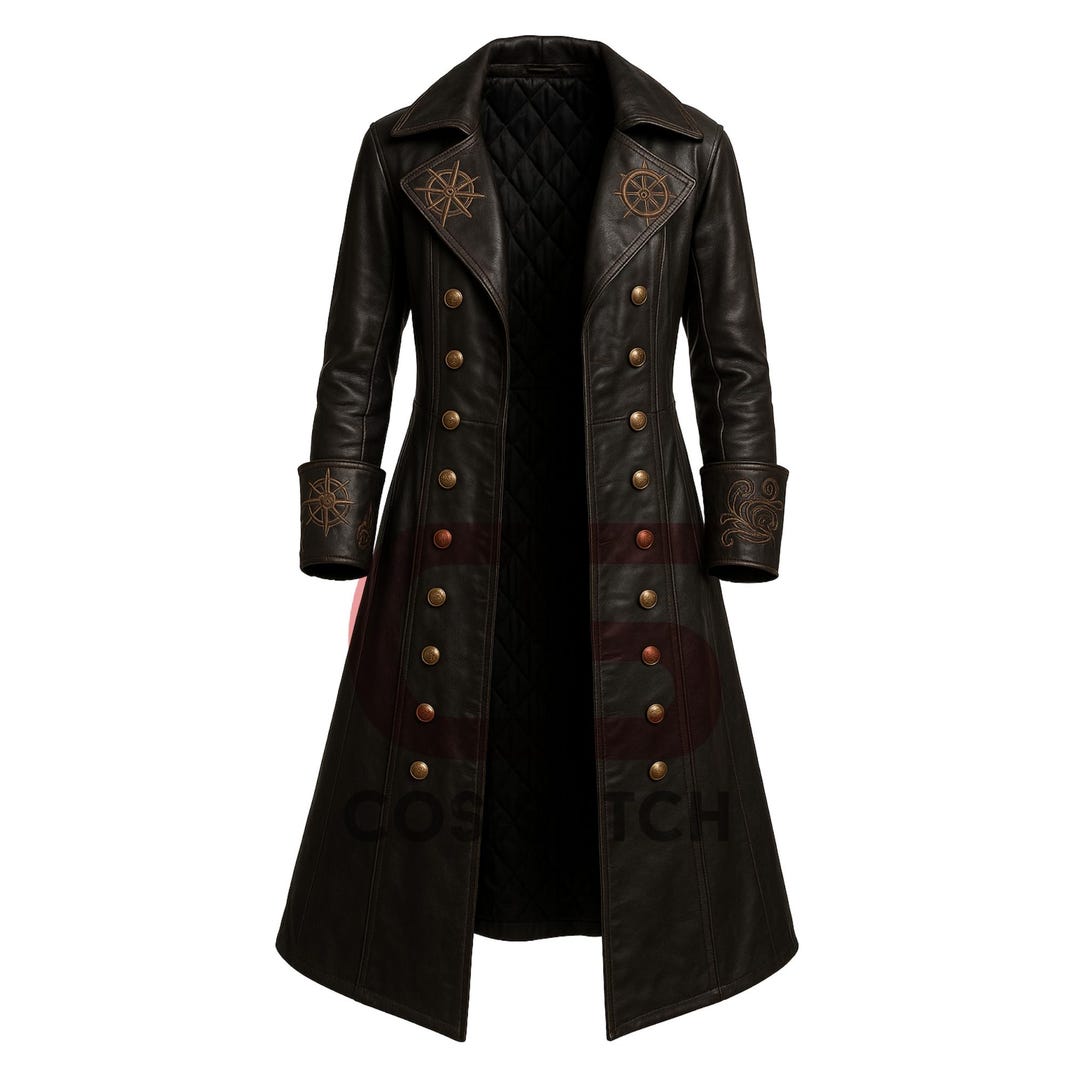 Men Captain Hook Real Leather Long Trench Coat, Vintage Pirate Cosplay ...