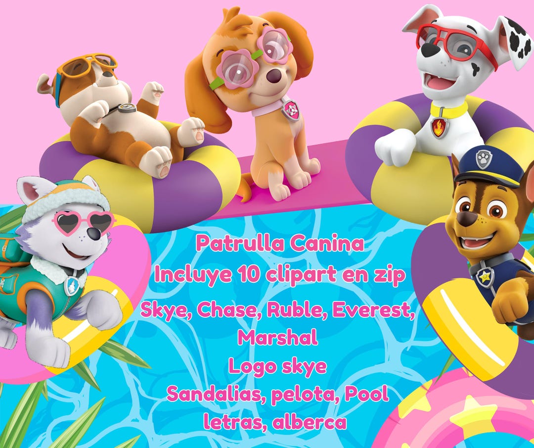 Paw Patrol Pool Party Clipart: Skye, Marshall, Rubble (10 PNG Images ...
