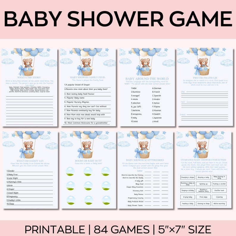 Editable Bear Balloon Baby Shower Games Bundle, Blue We Can Bearly Wait ...