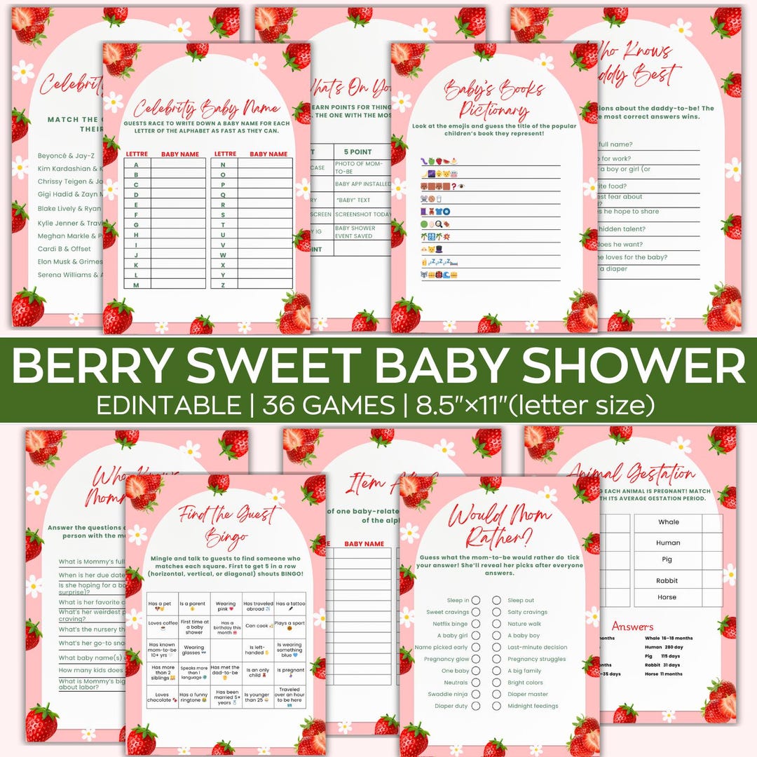 Berry Shower Games Bundle, Editable Strawberry Games Set, Sweetest ...