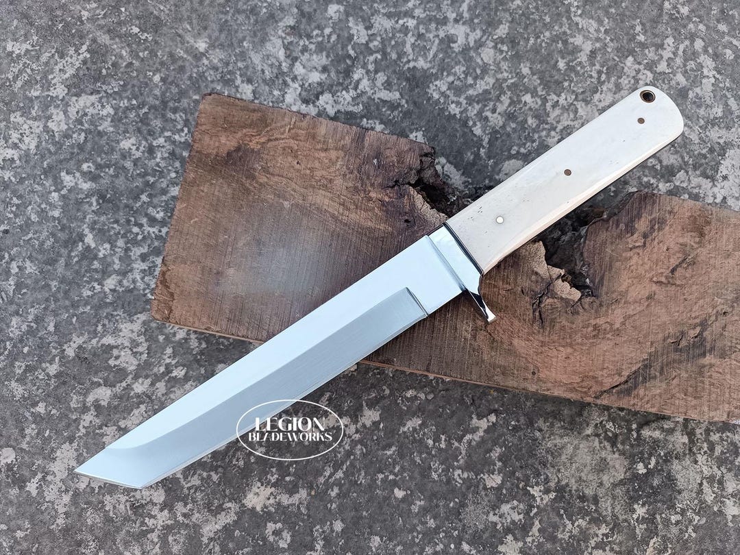 Handmade D2 Tool Steel Tanto Knife: Camel Bone Handle, Leather Sheath ...