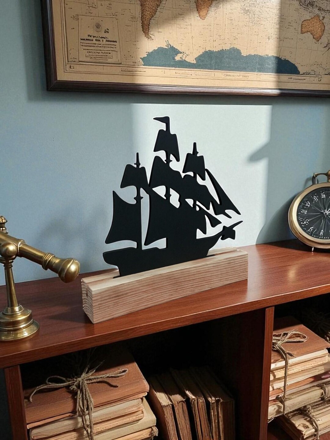 Wooden Sailing Ship Decor: Nautical Tabletop Statue - Black or Natural ...