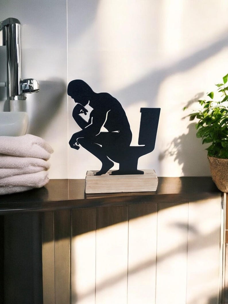 Funny Thinker Statue, Wooden Desk Art, Bookshelf Decor, Toilet Humor ...