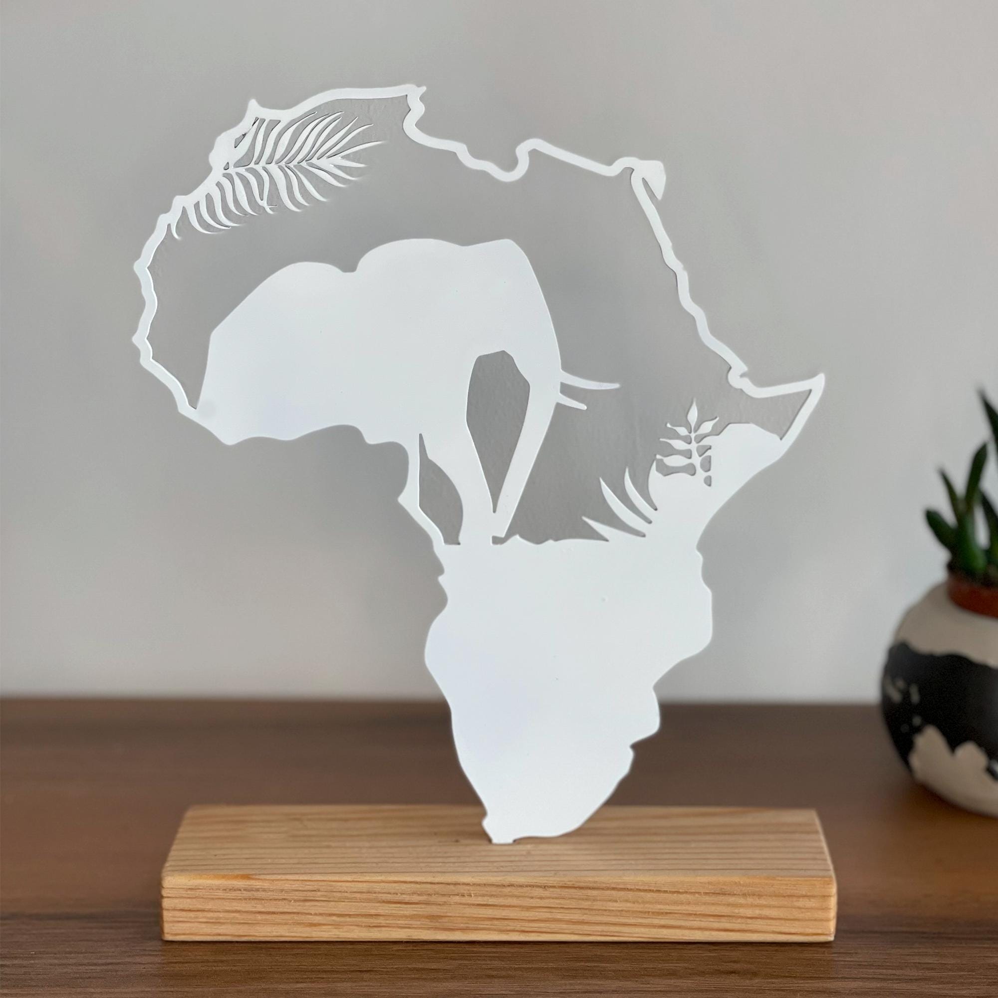 African Safari Metal Table Decor, Elephant Silhouette in Africa Map ...