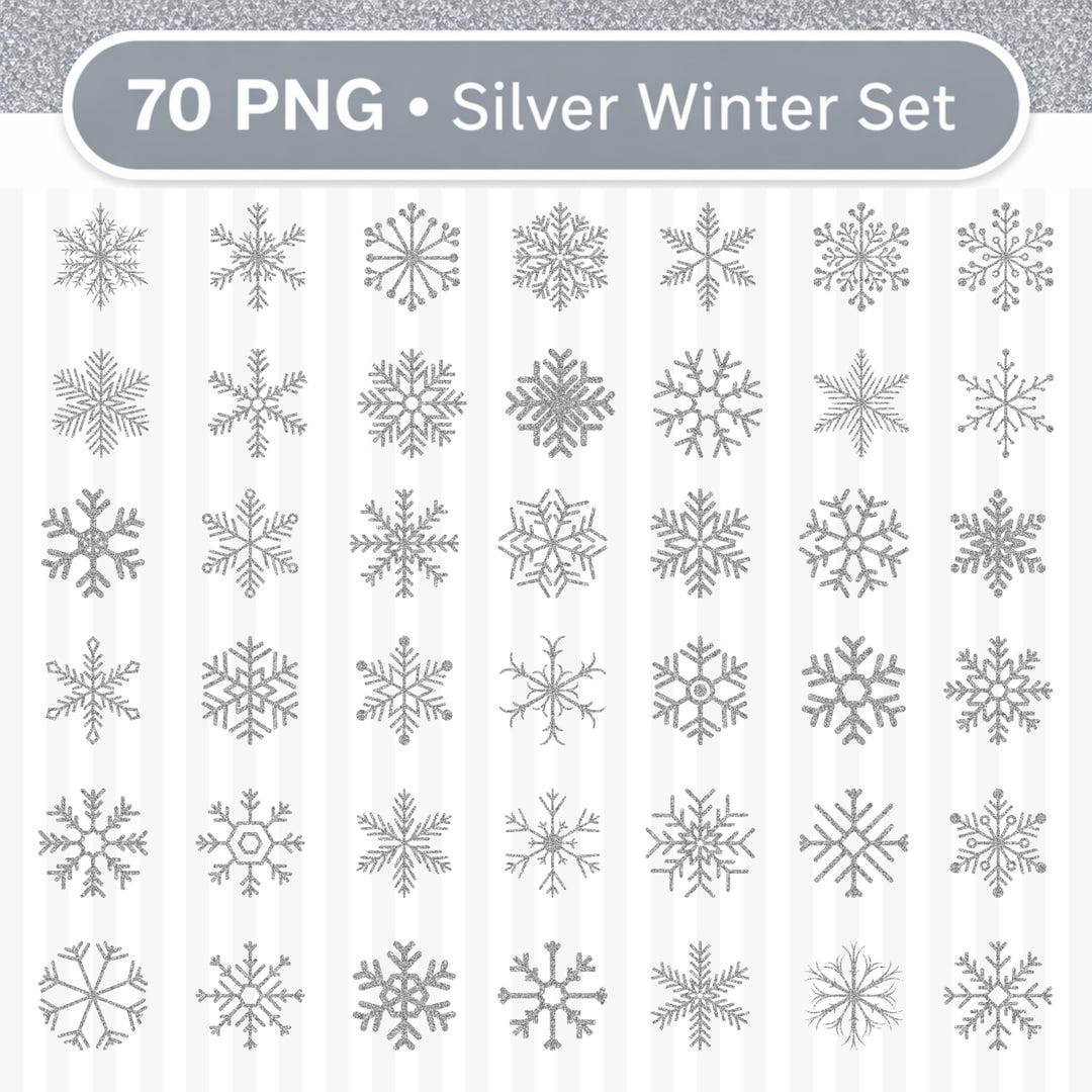 Glitter Snowflake Clipart Bundle, 70 Silver Snowflakes PNG, Winter ...