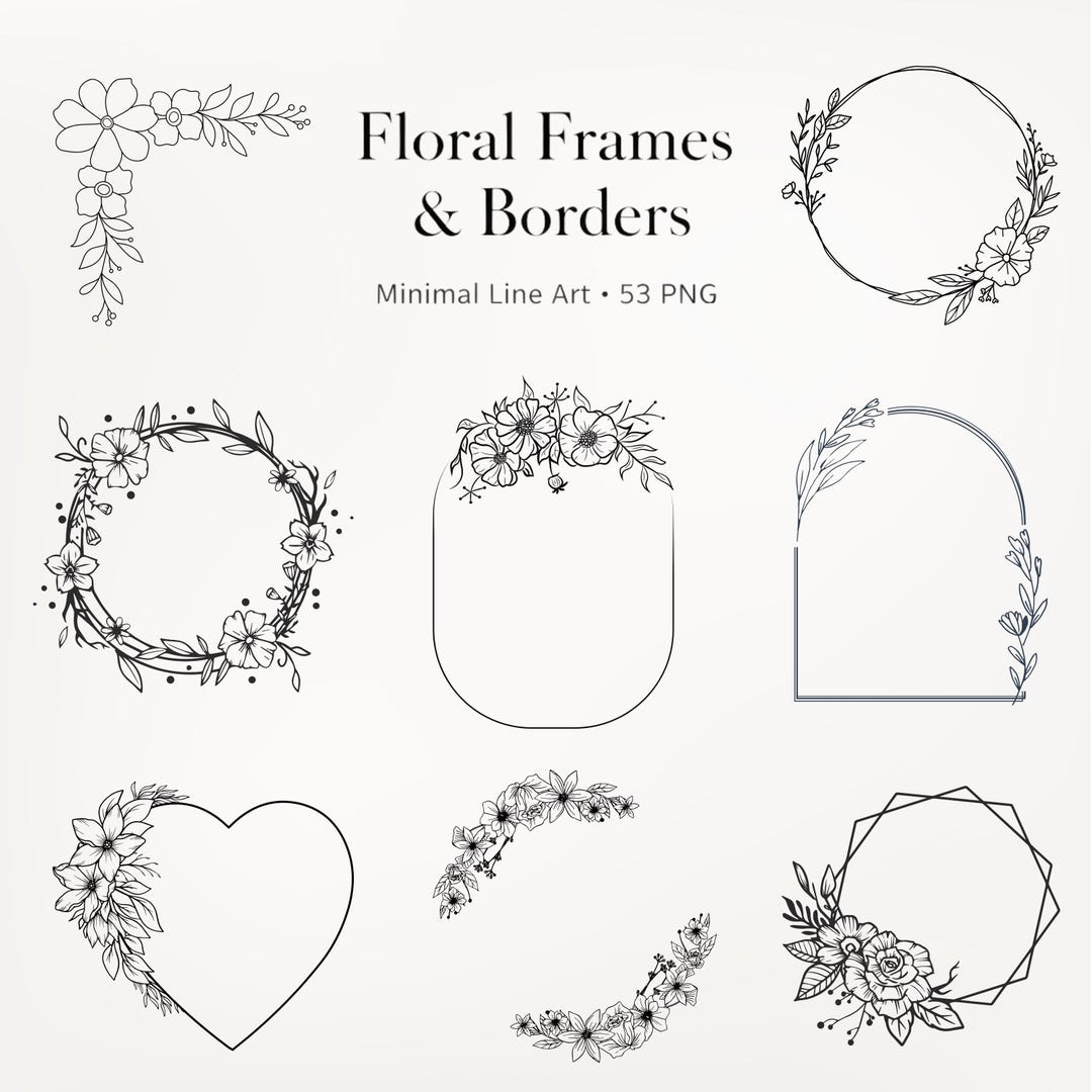 Floral Frames & Borders Clipart – Minimal Line Art Flowers – Botanical ...