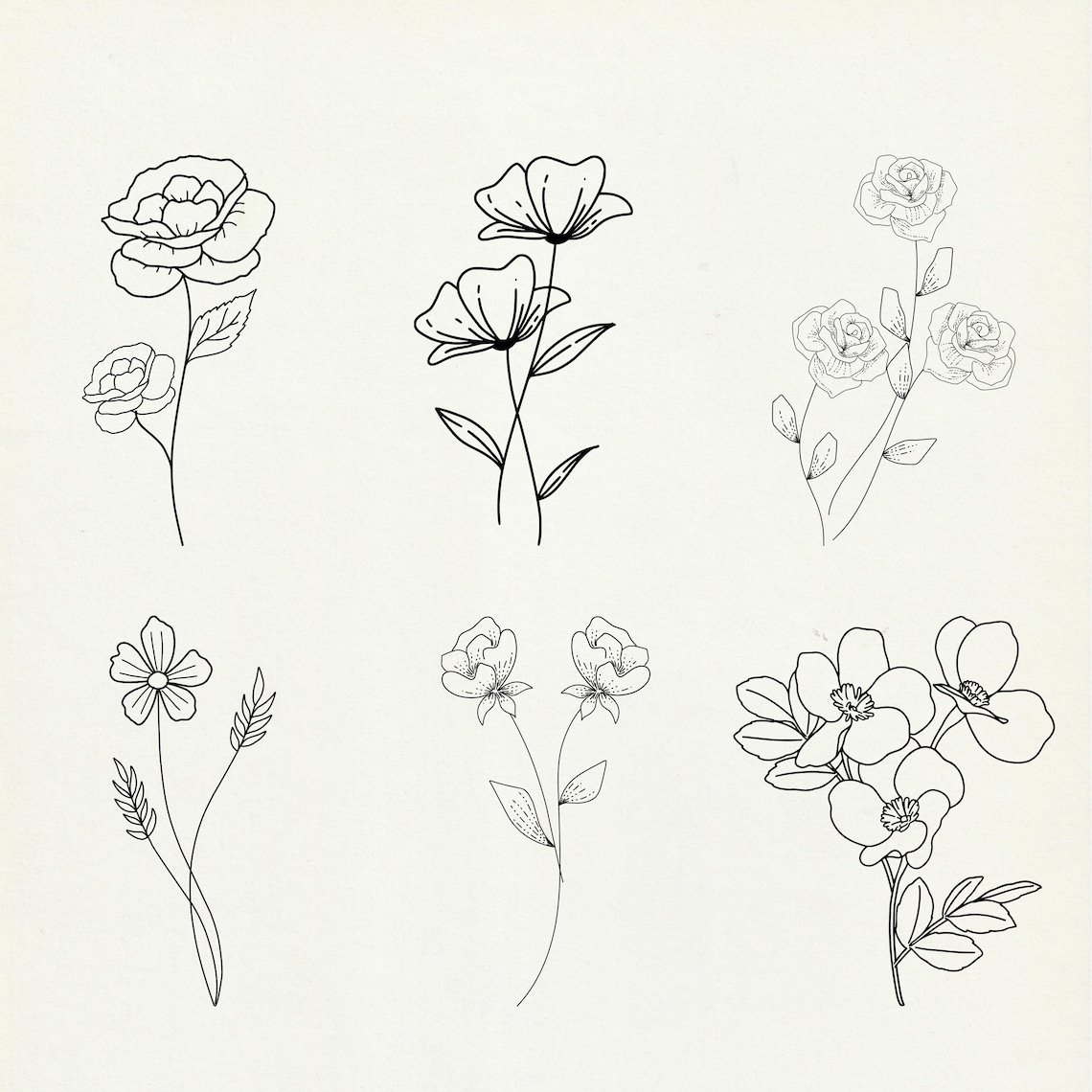 Floral Line Art Clipart Bundle | Minimal Botanical Flowers & Leaves ...