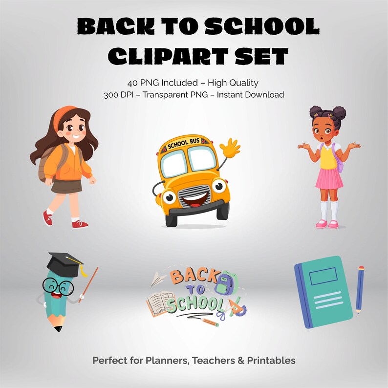Back to School Clipart Bundle – 40 PNG School Elements – Teachers ...