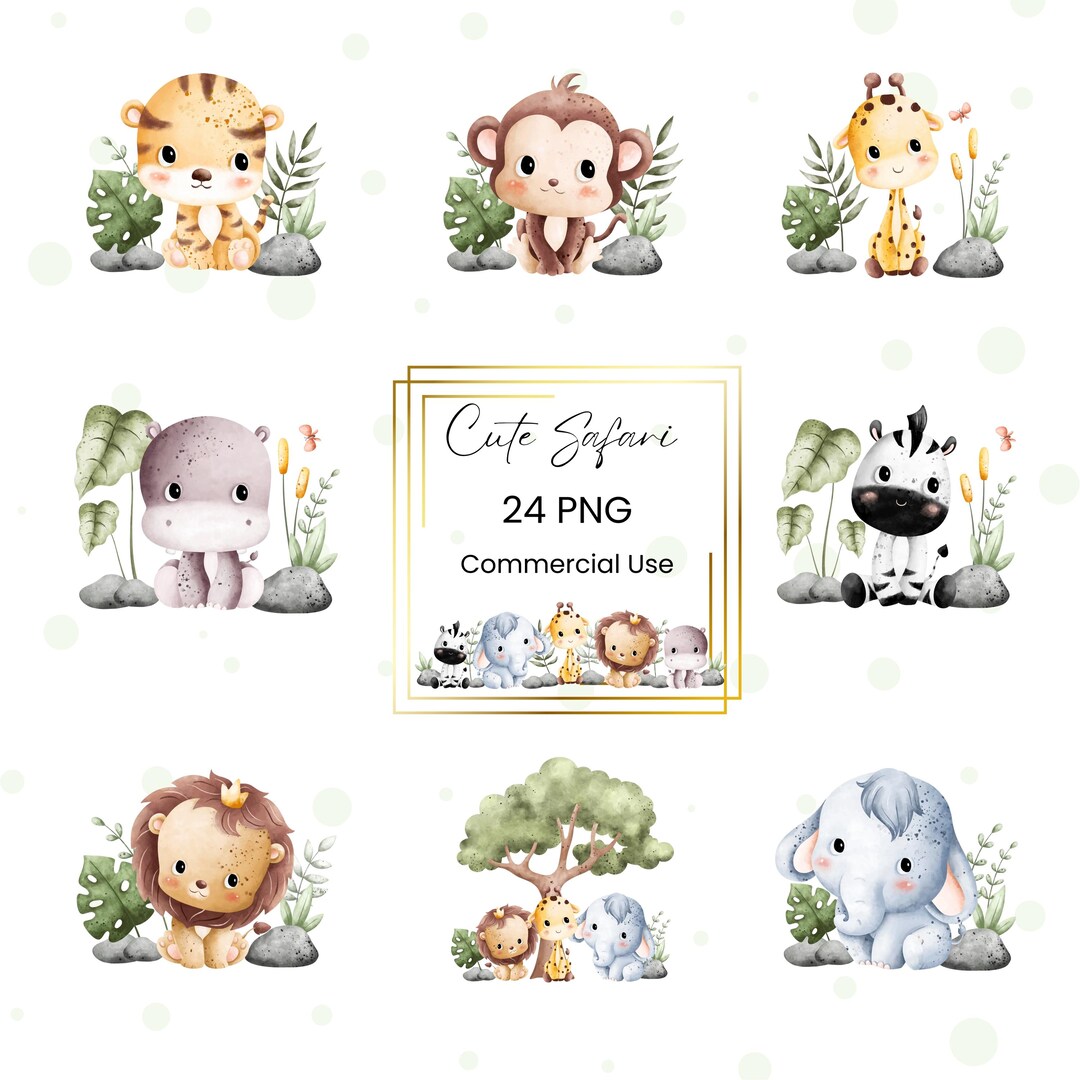Watercolor Safari Animals Clipart: Jungle Nursery PNG (digital Download ...