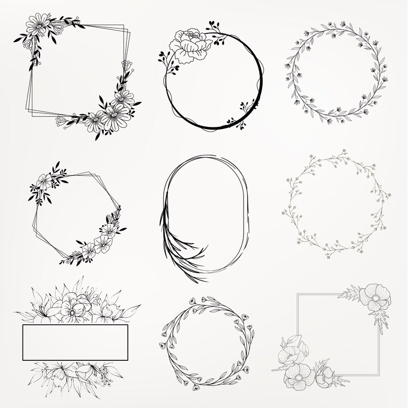 Floral Frames & Borders Clipart – Minimal Line Art Flowers – Botanical ...