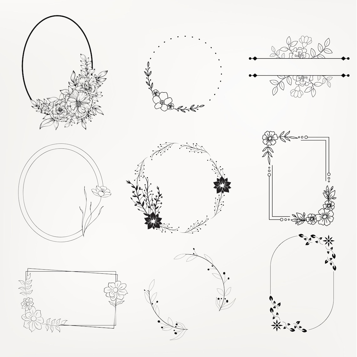 Floral Frames & Borders Clipart – Minimal Line Art Flowers – Botanical ...