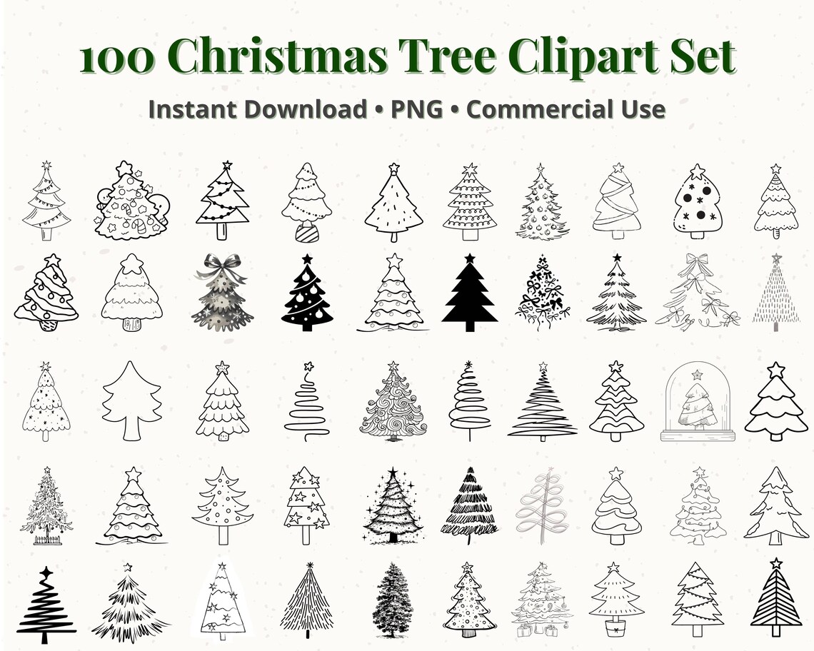 100 Christmas Tree Clipart Bundle – Holiday PNG Set for Stickers, Cards ...