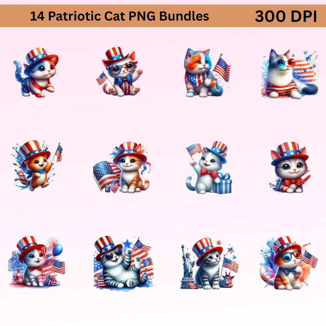 4th of July Cats Clipart 14 PNG Patriotic Kitten Bundles Red White Blue ...