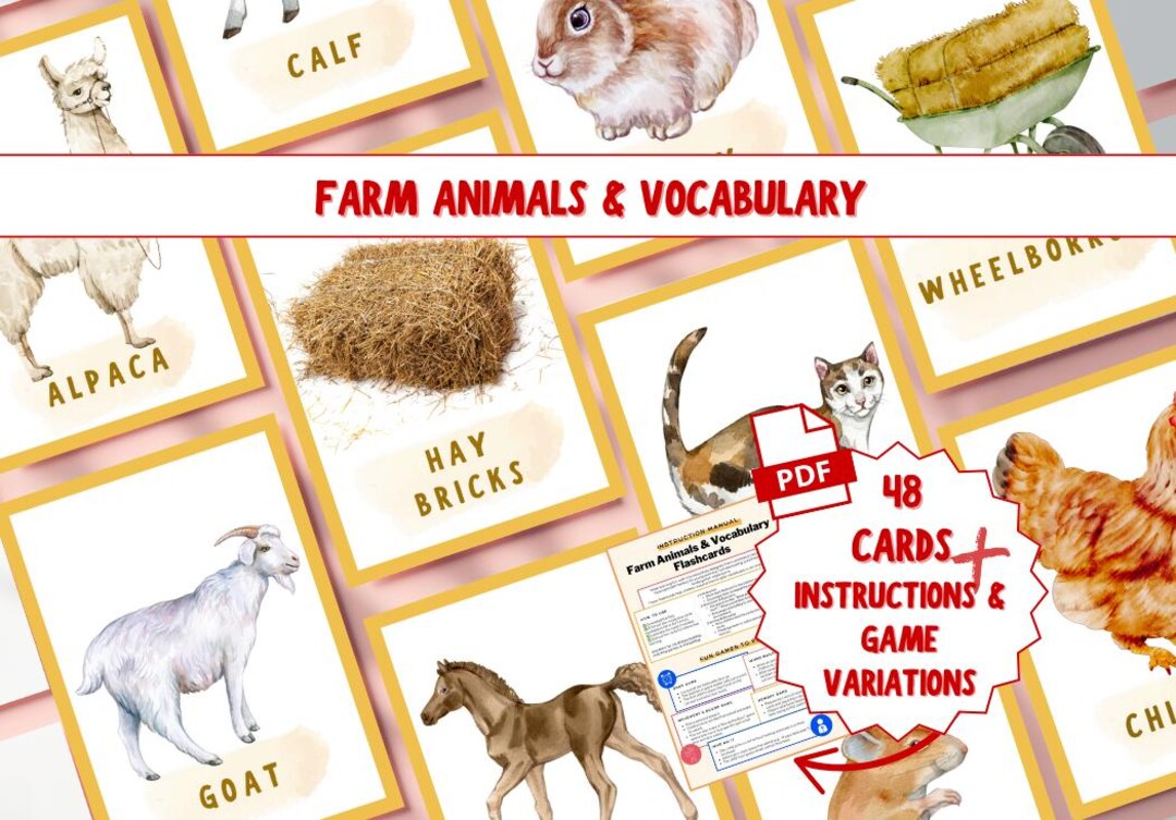 Farm Animals & Vocabulary Flashcards - Etsy