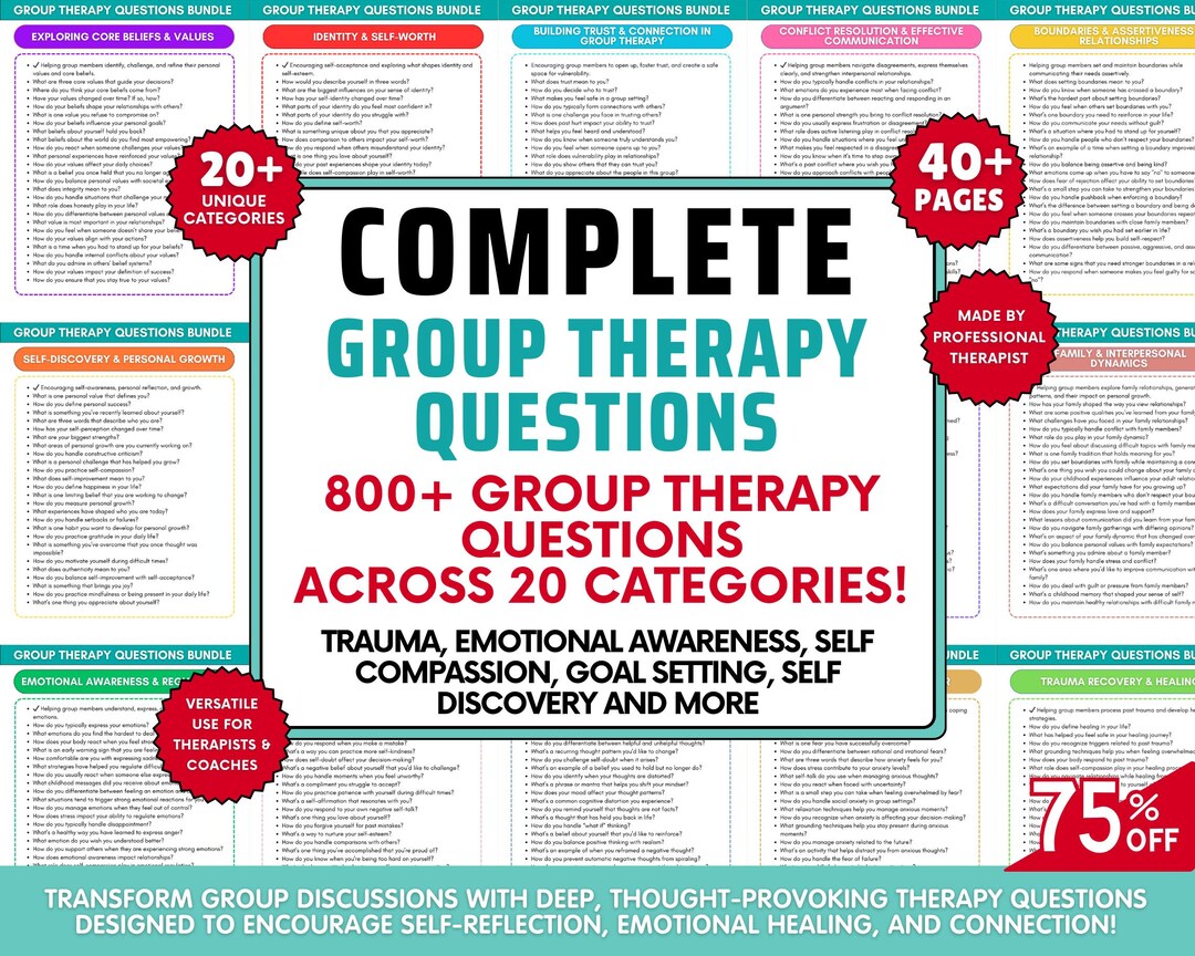 Group Therapy Questions, 20 Categories 800+ Questions, Therapy Cheat ...