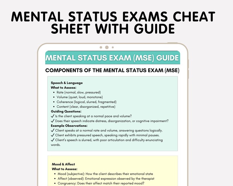 Mental Status Exam Cheat Sheet, MSE Reference Sheet, MSE Writing Guide ...