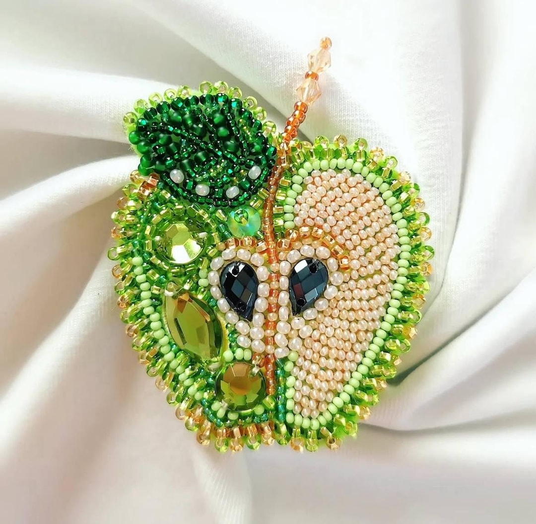 DIY Beaded Brooch Kit, Bead Embroidery Kit Green Apple, Fruits ...