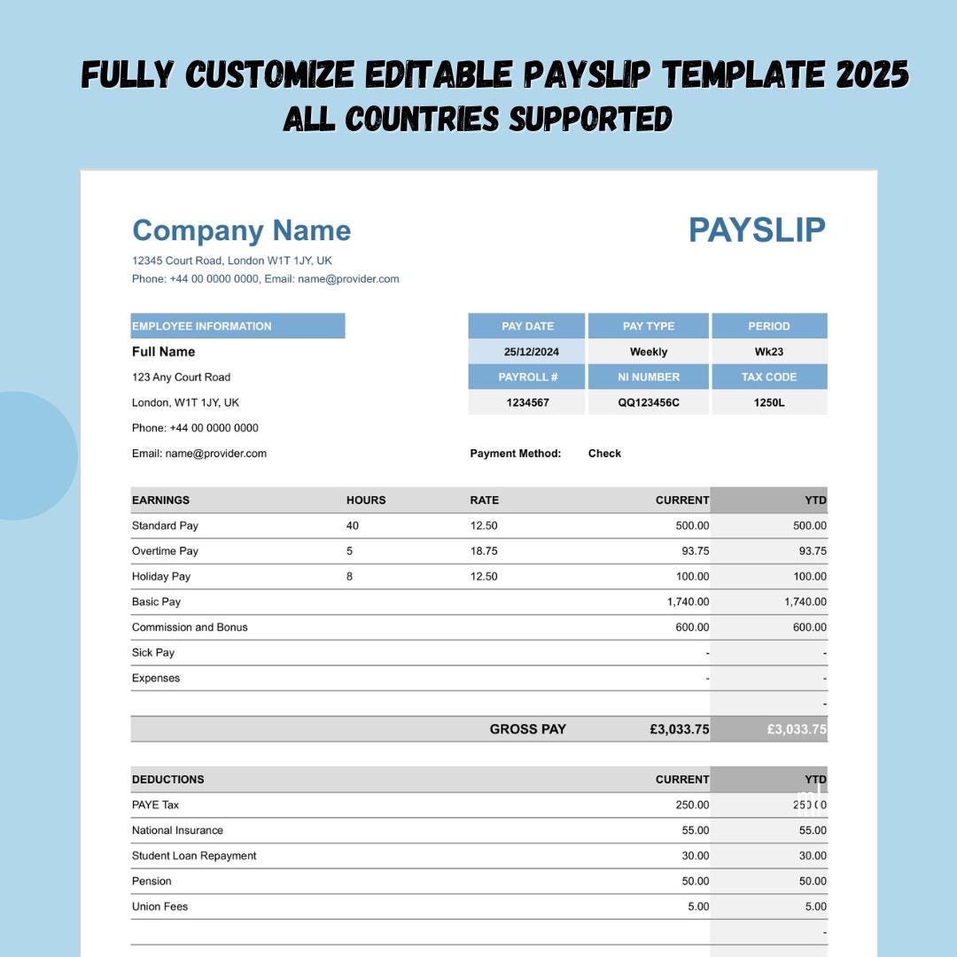 Custom Payslip Template | Editable PDF | Use for All Countries - Fully ...