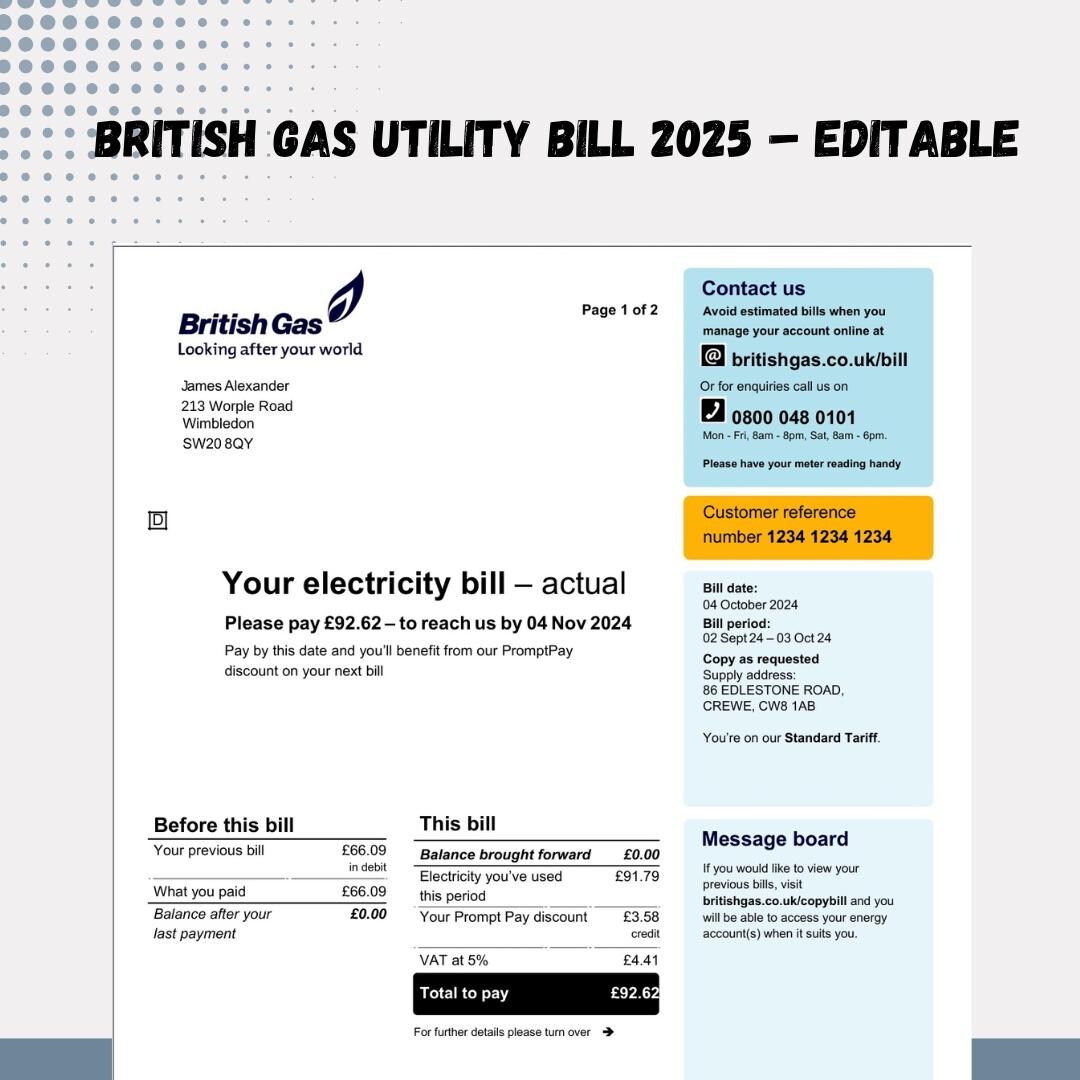British Gas UK Utility Bill 2025 Editable PDF Instant Download Proof of ...