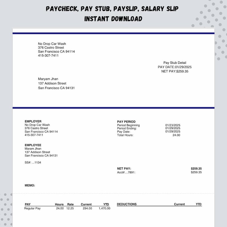 Employee Paycheck, Pay Stub, Payslip, Salary Slip - Payroll Document ...
