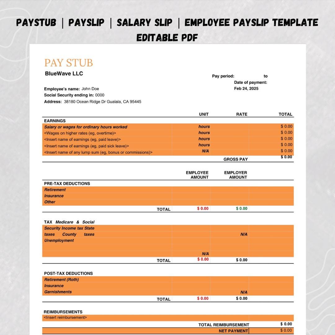 Paystub Payslip Salary Slip Employee Payslip Template Editable PDF ...