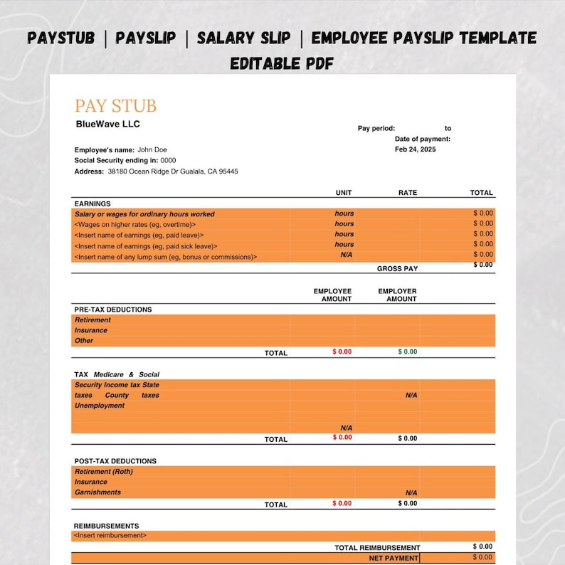 Paystub Payslip Salary Slip Employee Payslip Template Editable PDF ...