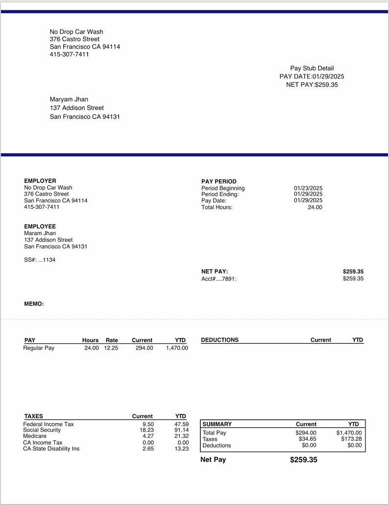 Employee Paycheck, Pay Stub, Payslip, Salary Slip - Payroll Document ...