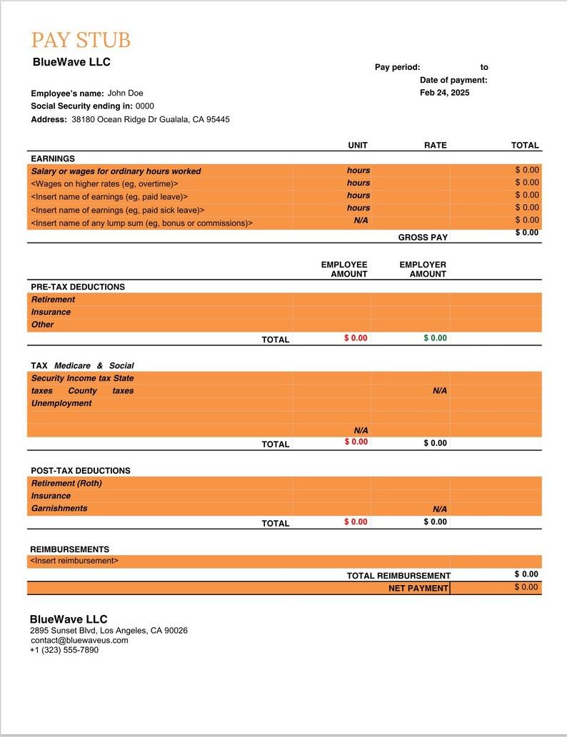 Paystub Payslip Salary Slip Employee Payslip Template Editable PDF Employee Pay Statement ...
