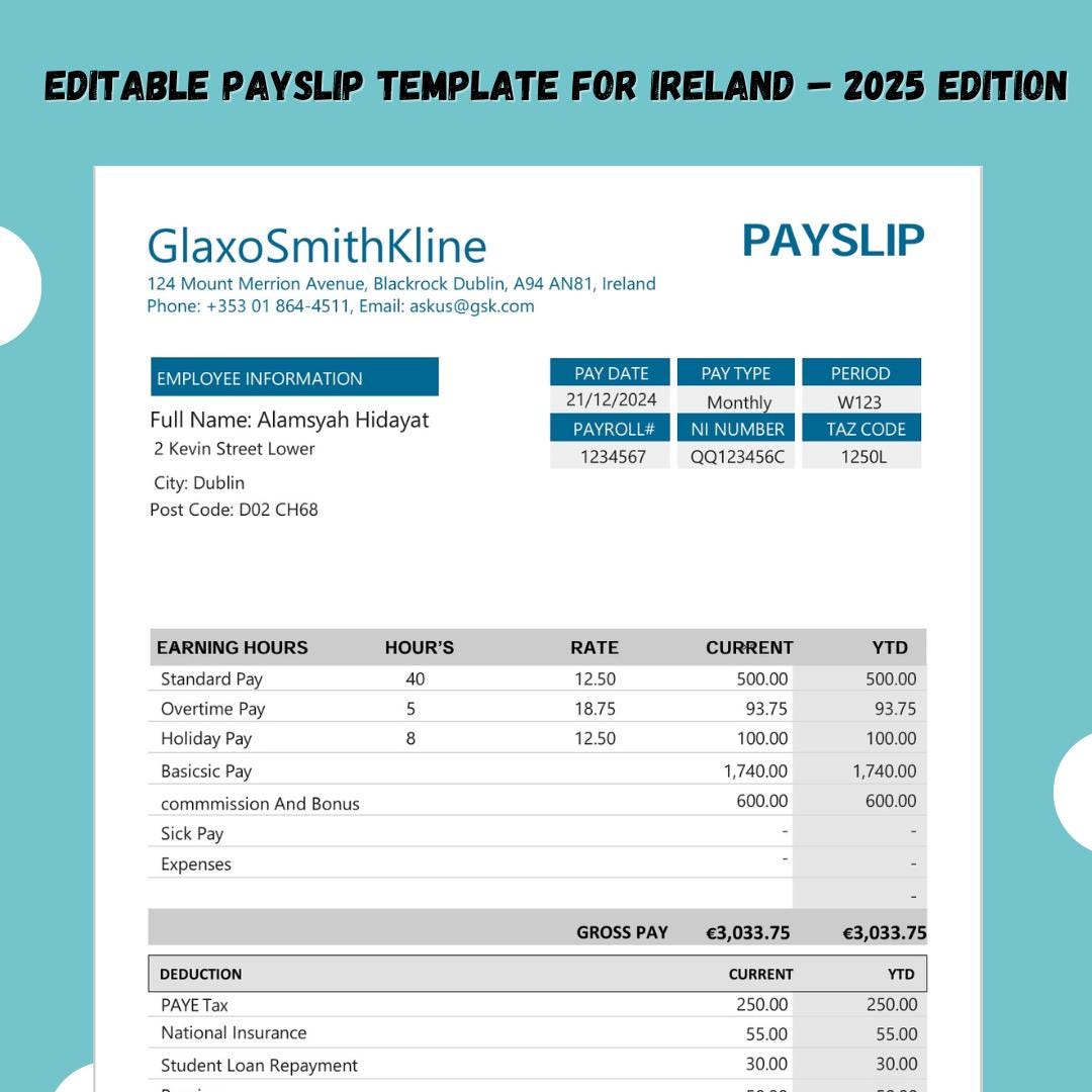 Ireland Payslip 2025 Editable PDF Instant Download Editable Payslip ...